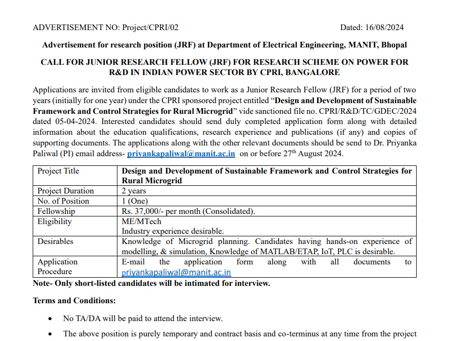 MANIT Bhopal JRF Recruitment 2024, Eligibility, Apply Online